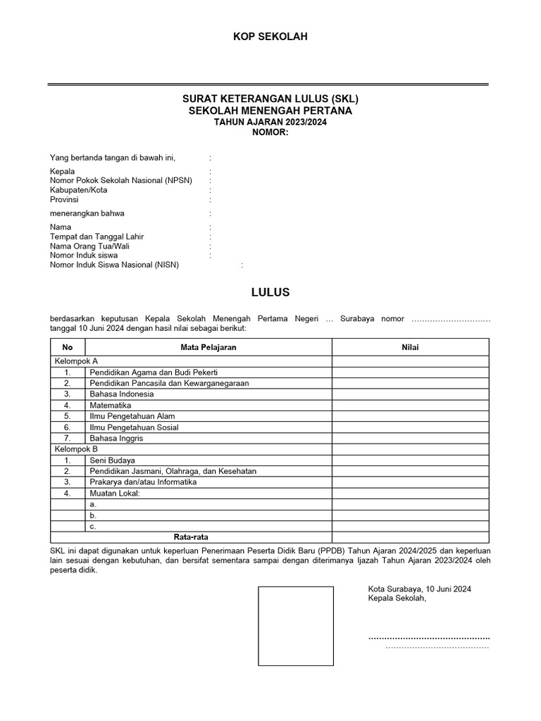 Contoh Format Skl Smp | PDF