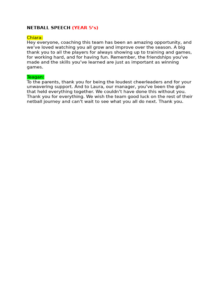 Netball Speech | PDF