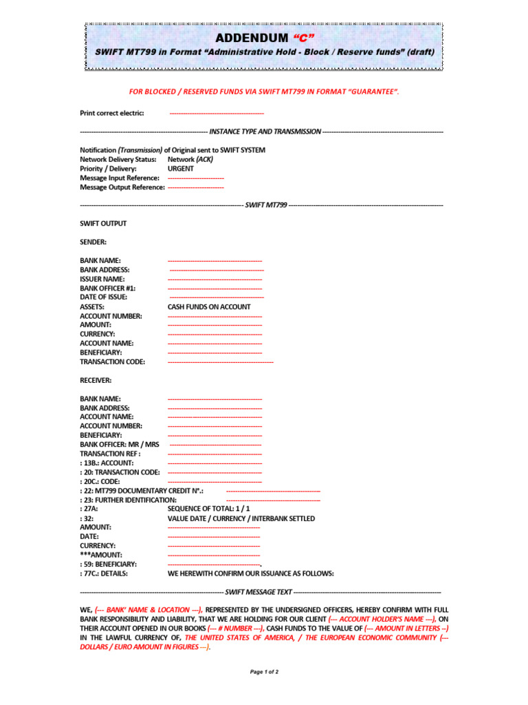 SWIFT MT799 Message (Draft) - BLOCK-RESERVE Cash Funds (2023) I | PDF