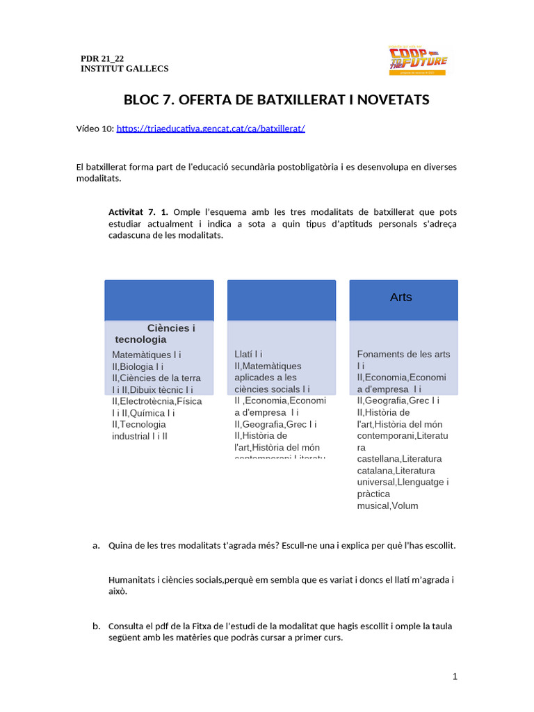 Oferta de Batxillerat I Novetats | PDF