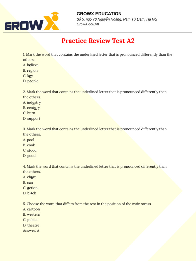 A2 English Practice Test - GrowX | PDF