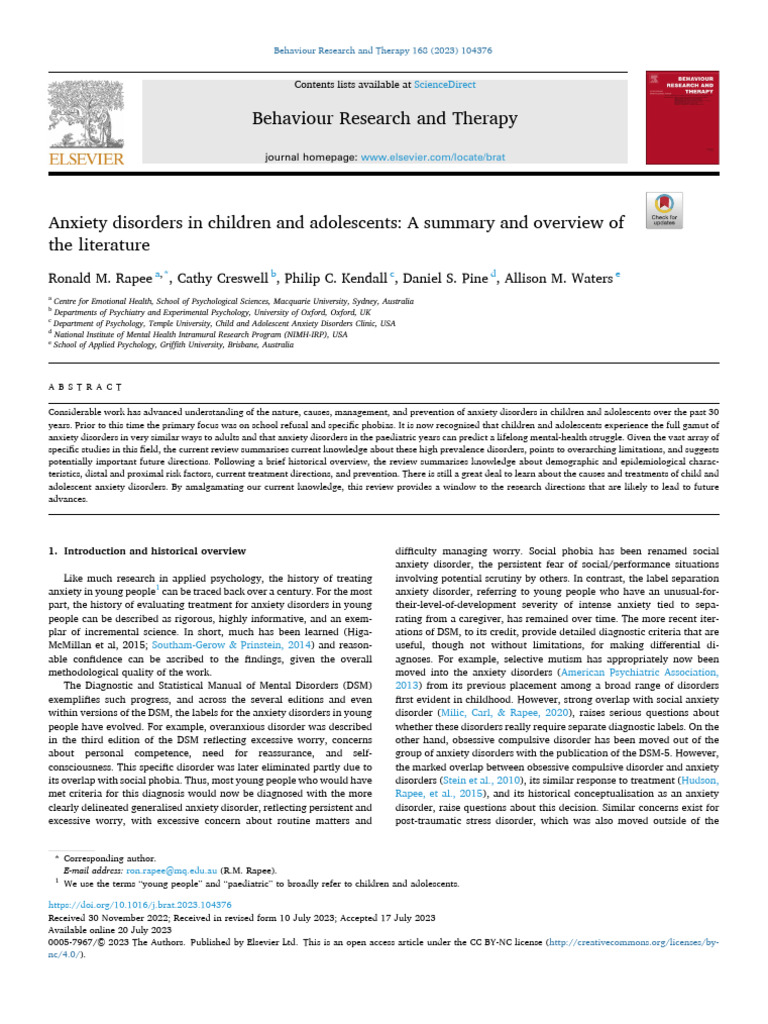 Anxiety Disorders in Children and Adolescents | PDF