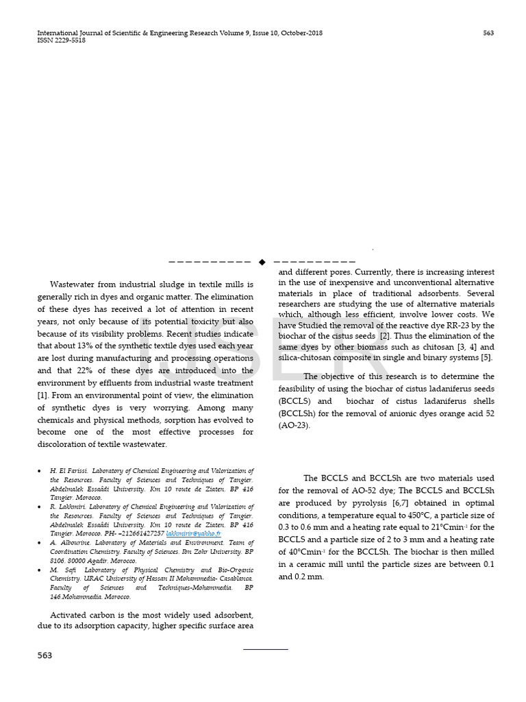 The Adsorption of The Orange Acid Dye 52 in Aqueous Solutions by The ...