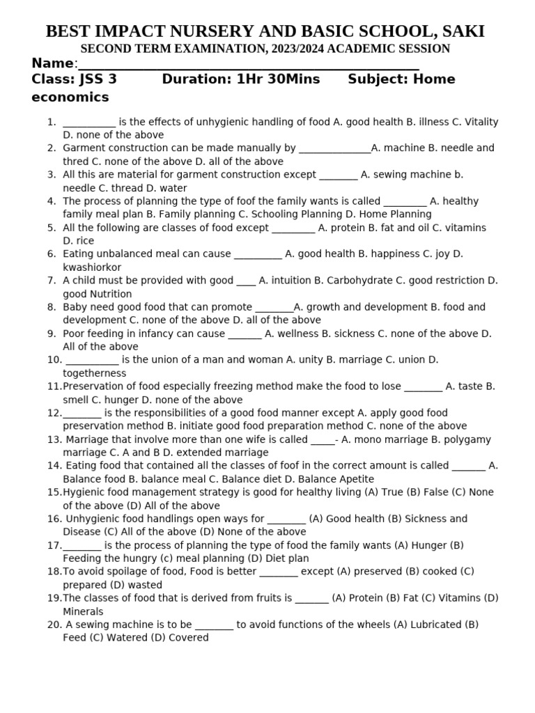 JSS3 home econs | PDF