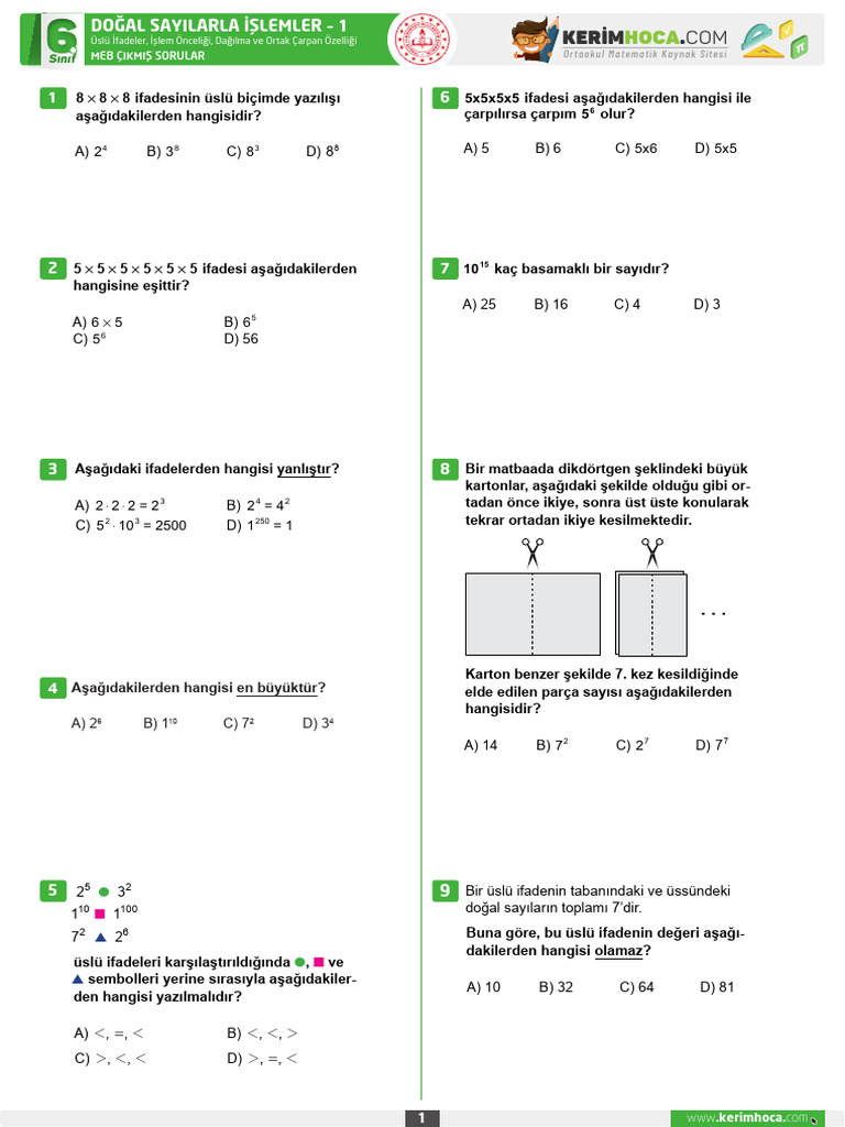 6.1.1 Doğal Sayılarla İşlemler - 1 - MEB Çıkmış Sorular | PDF
