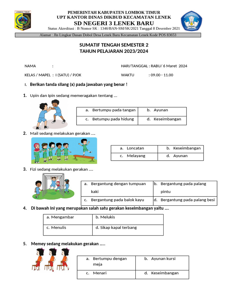 Soal PTS PJOK Kelas 1 Semester 2 | PDF
