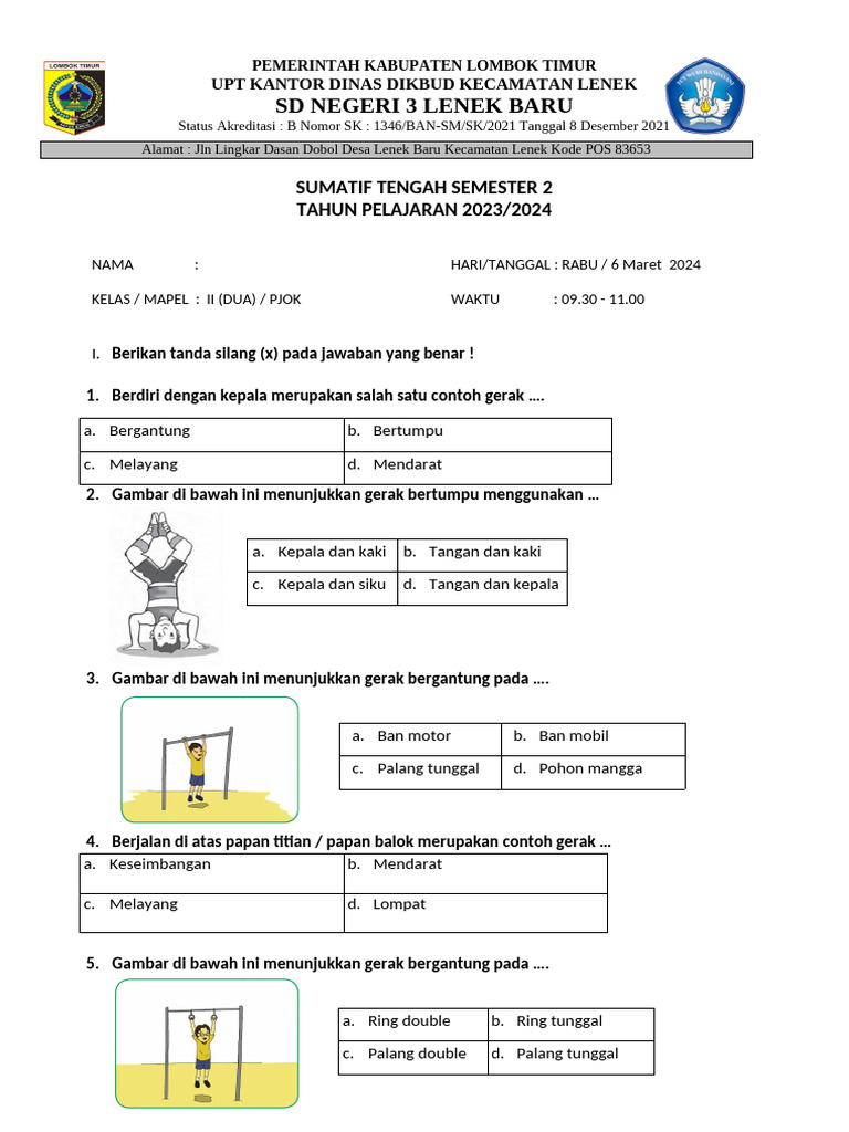 Soal PTS PJOK Kelas 2 Semester 2 | PDF