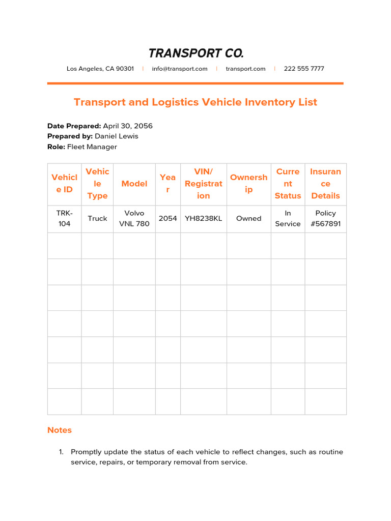 Transport and Logistics Vehicle Inventory List Template | PDF