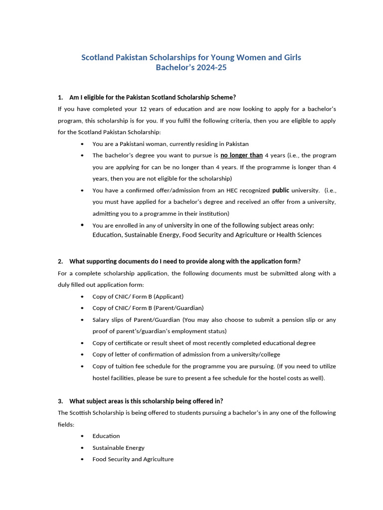 Scotland Pakistan Scholarship Faqs-Bachelors 2024-25 | PDF