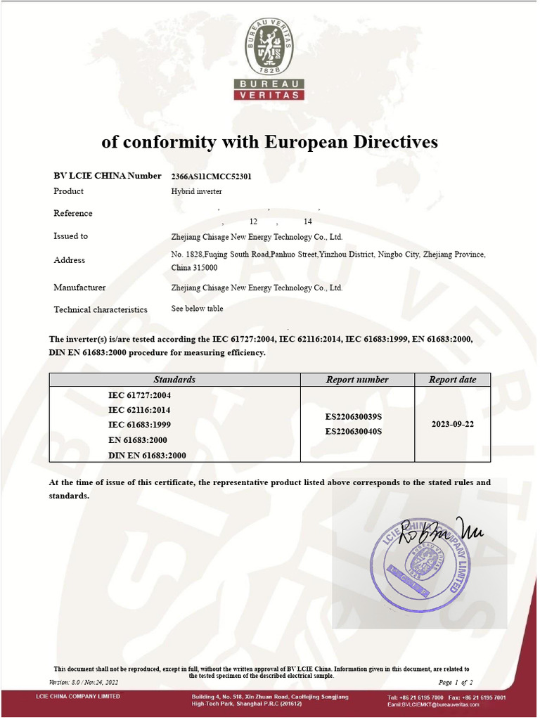 Attestation of Conformity With European Directives: BV Lcie China ...