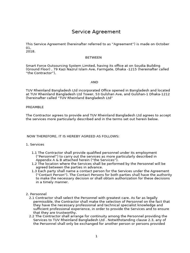 Service Agreement Between Contractor and TUV Rheinland | PDF ...