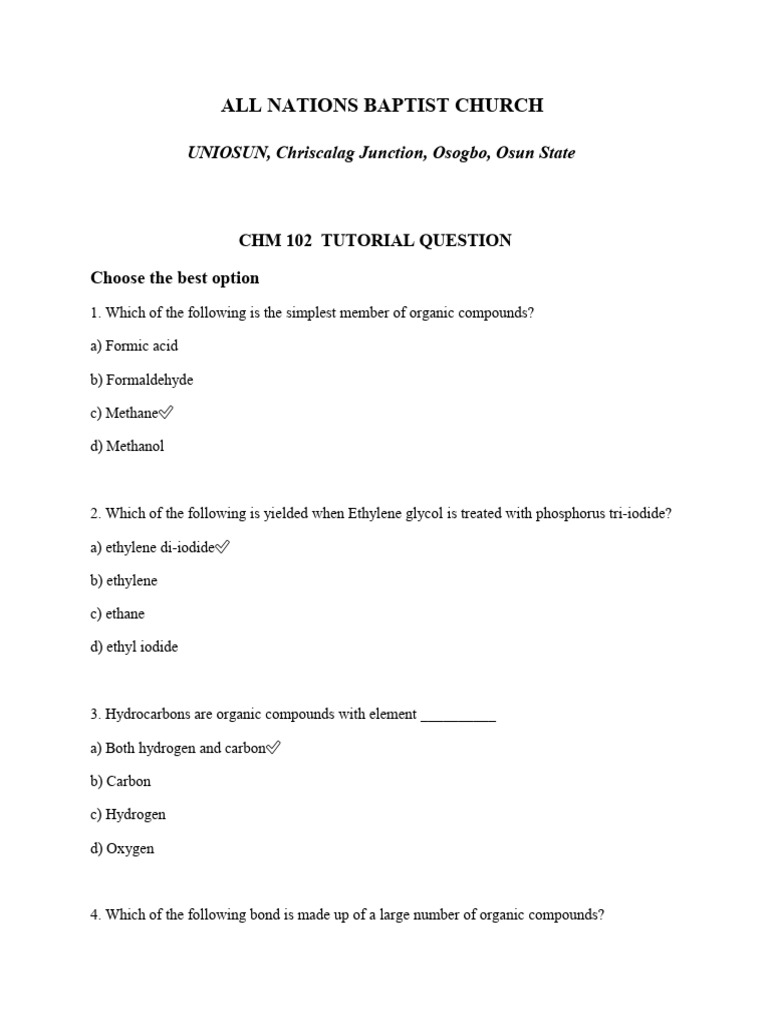 Anbc CHM 102 Tutorial Questions - 011108 | PDF | Ether | Chemical Compounds