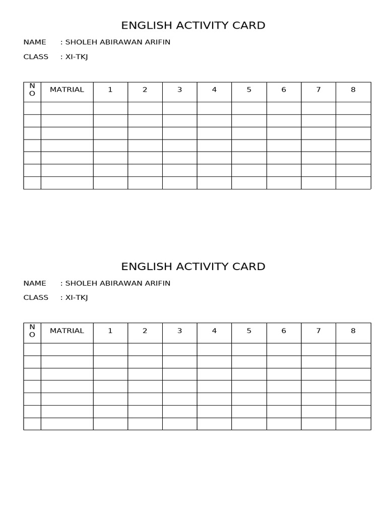 English Activity Card | PDF