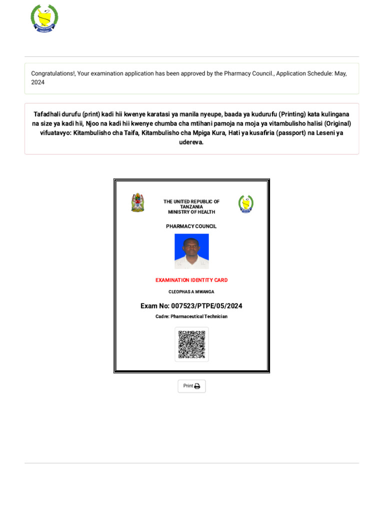 Print Examination Card | PDF