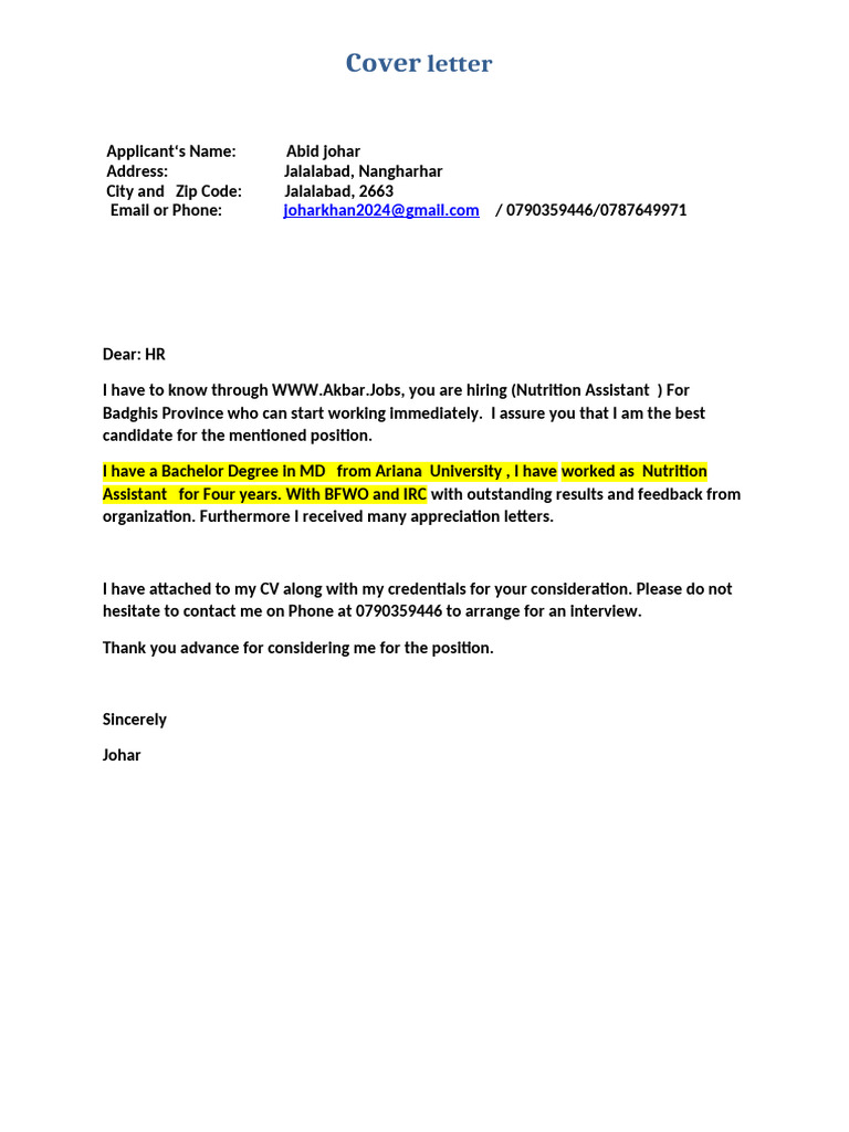 Abid Johar-Cv For Nutrition Assistant, IRC | PDF | Computing