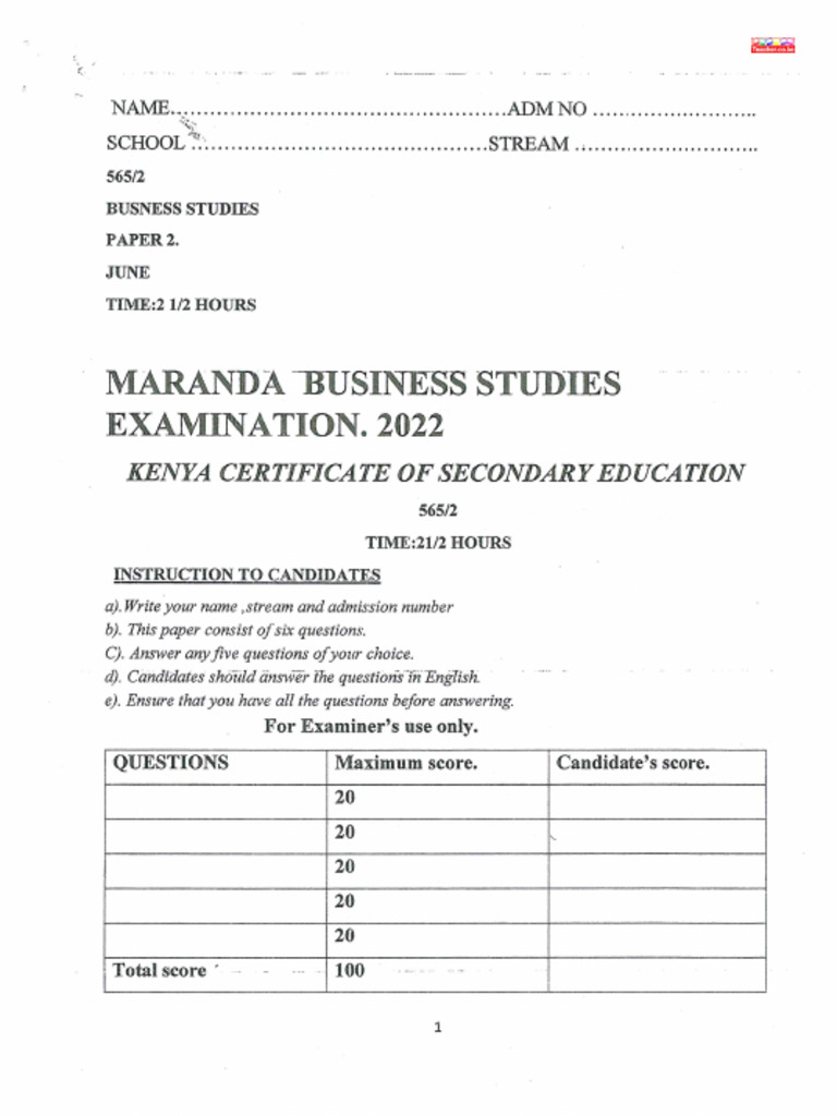 Maranda_Business_Studies_Paper_2_Maranda_Form_4_End_Term_1_Teacher | PDF