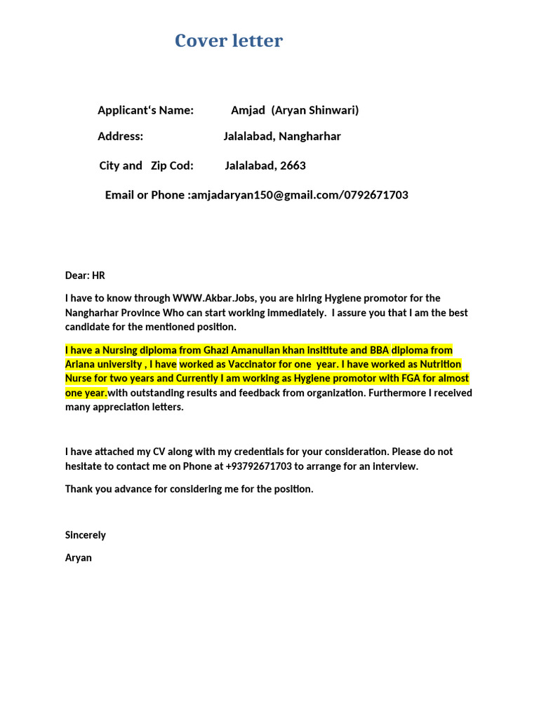 Hygiene Promoter Cover Letter | PDF | Career & Growth