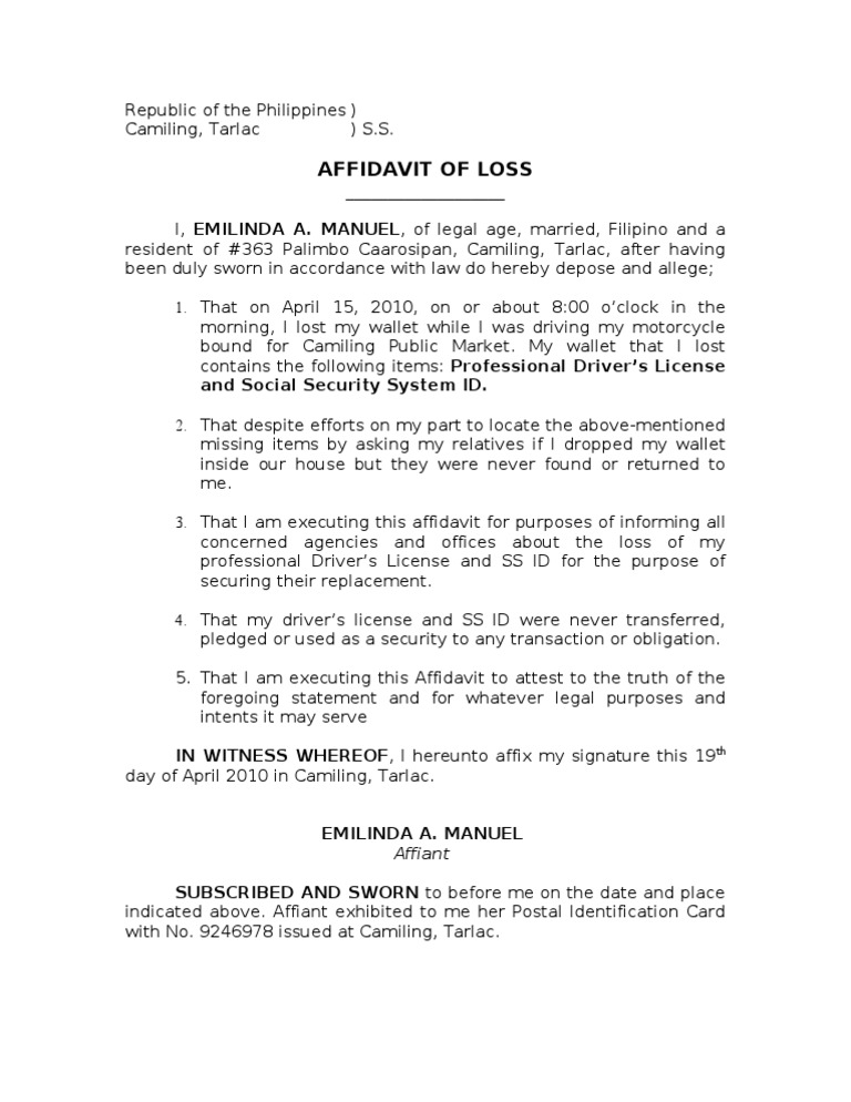 Affidavit of Loss - License | PDF | Law
