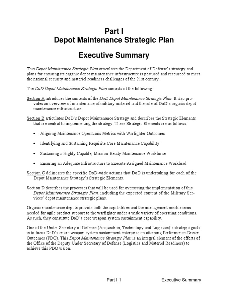 Depot Maintenance Strategic Plan Executive Summary | PDF | Military ...