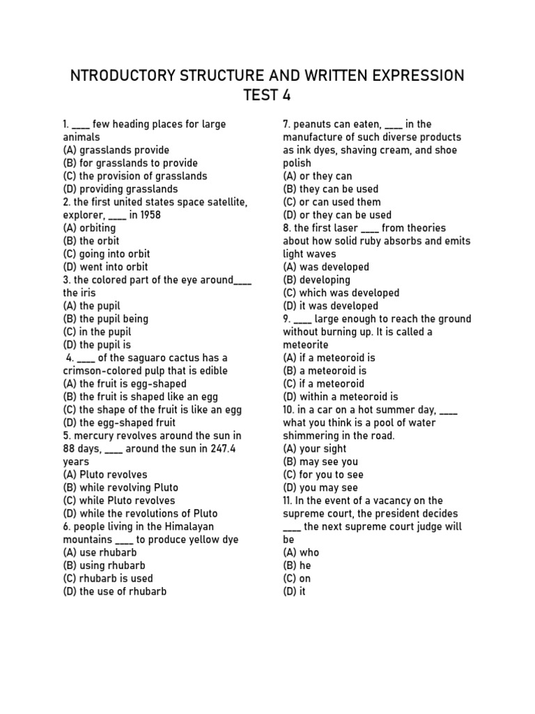 Structure and Written Expression Test 4 | PDF