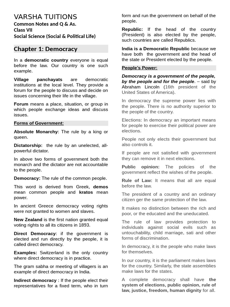 Common Notes Democracy Class VII | PDF