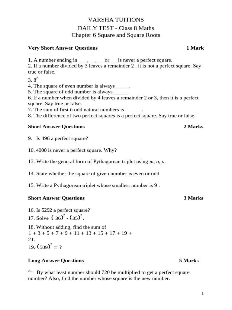 Important Questions of CBSE Class 8 Maths Chapter 6 Squares and Square ...