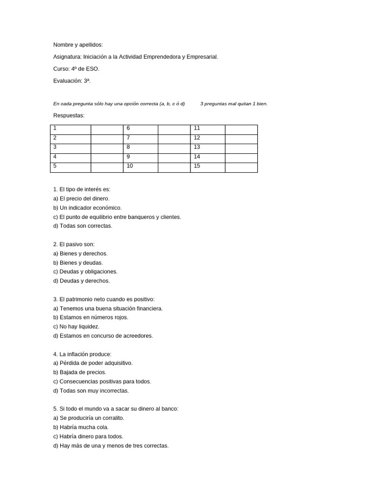 Ejemplo Examen 4o Eso Iae 3a Eval | PDF