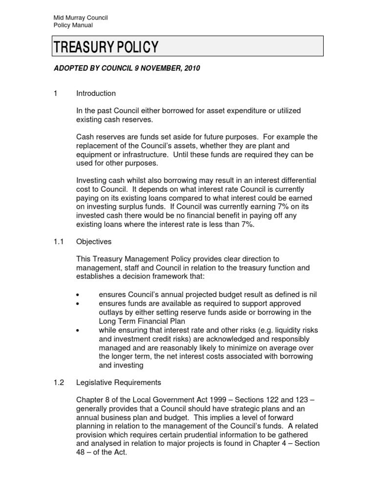 Treasury Policy: Adopted by Council 9 November, 2010 | PDF | Interest ...