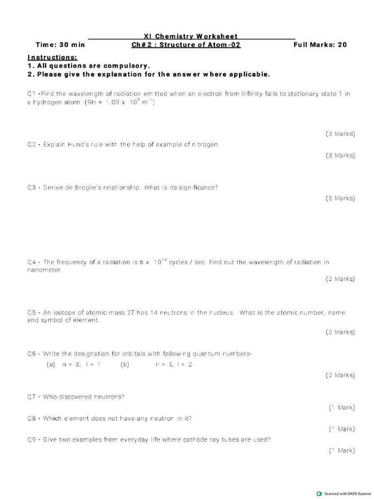 Structure of Atom Worksheet 2 | PDF