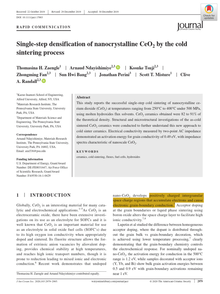 Single-Step Densification of Nanocrystalline CeO2 by The Cold Sintering ...