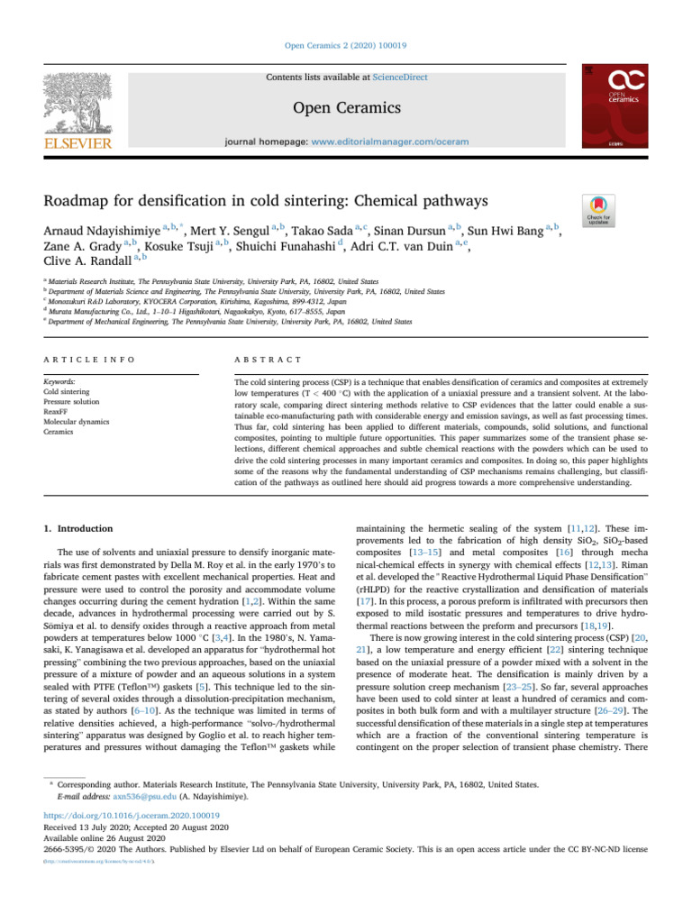 Roadmap For Densification in Cold Sintering. Chemical Pathways | PDF