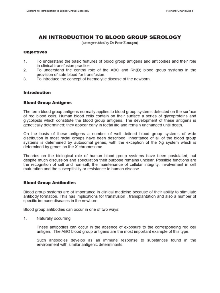 Intro To Blood Group Serology (Richard Charlewood 2023) A4 | PDF
