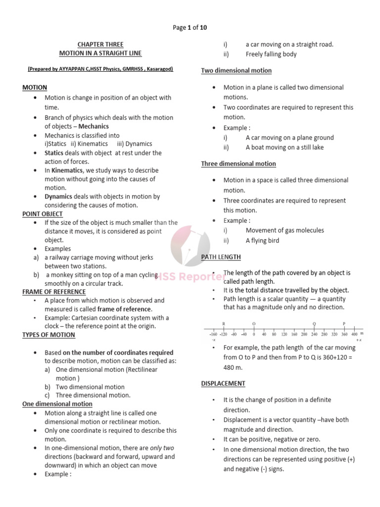 HSSRPTR - +1 Phy Chapter 3-Motion in A Straight Line 2 | PDF