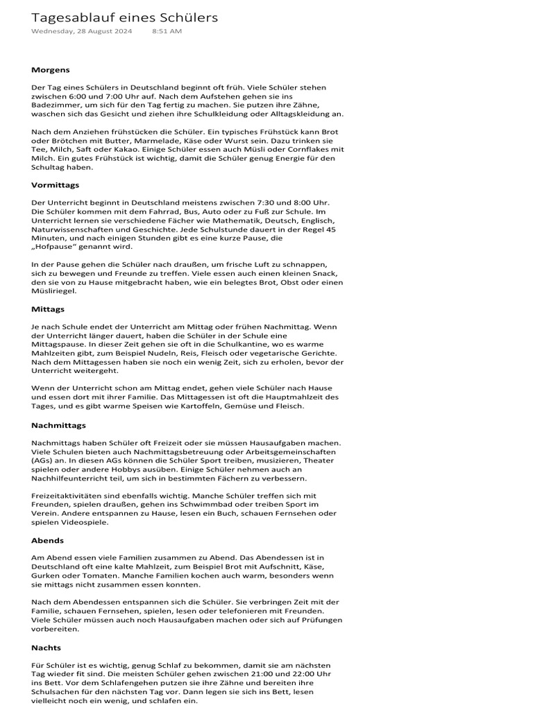 Tagesablauf Eines Schülers | PDF
