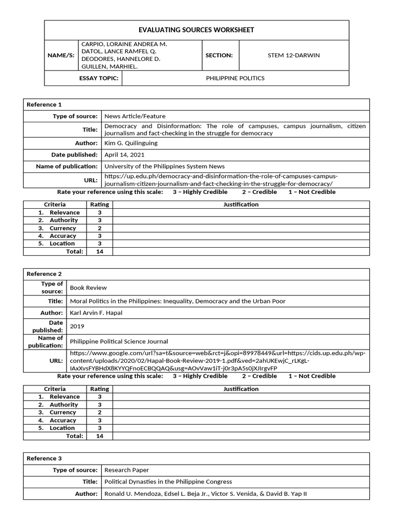 Evaluating Sources Worksheet Group Lance Pdf