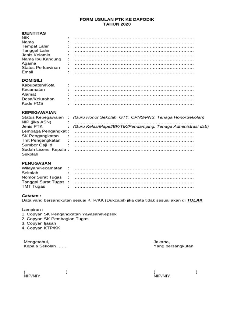 Form Usulan PTK Ke Dapodik 2020 | PDF