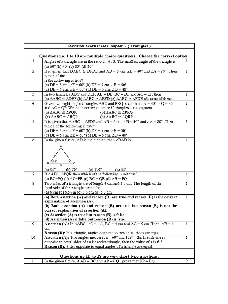 Gr9th - Math Revision Worksheet Chapter 7 | PDF