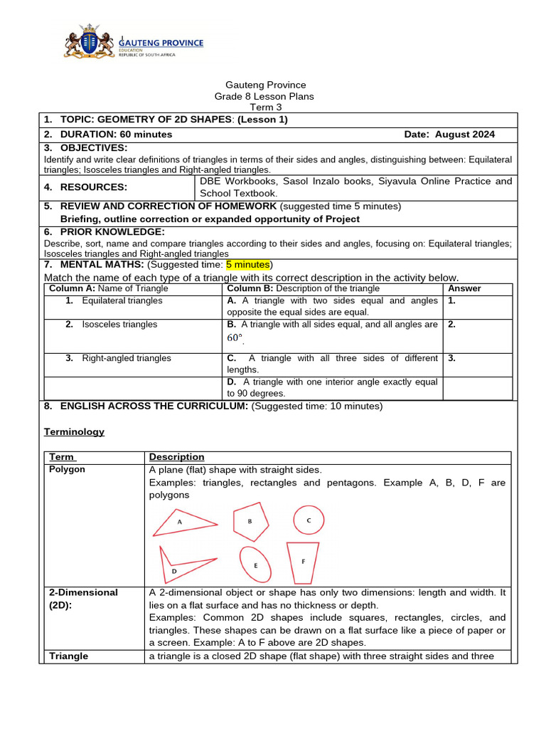 Grade 8 Geometry of 2D Shapes Lesson All Lessons | PDF