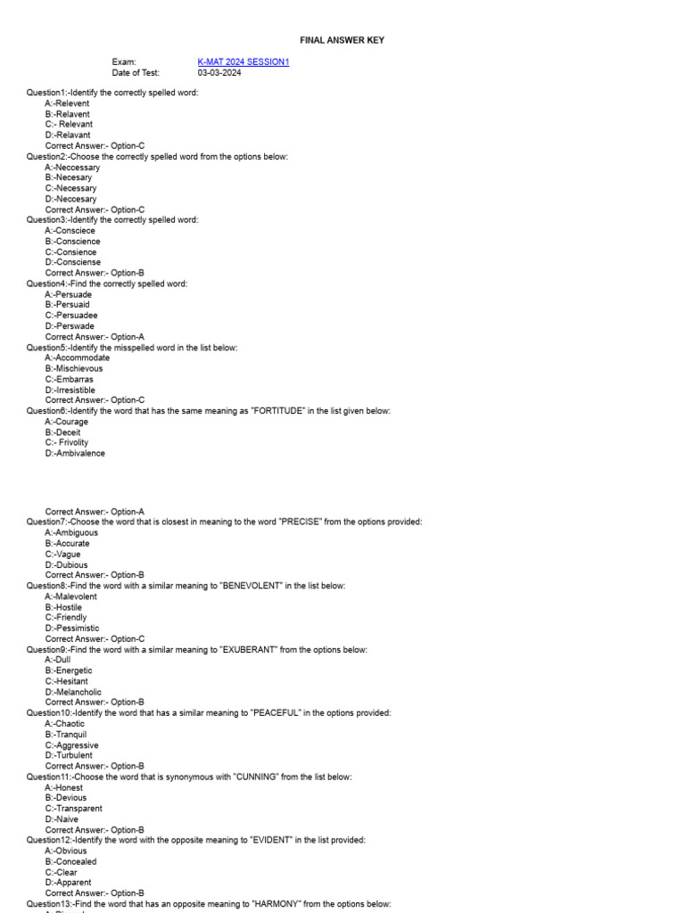 Kmat Final Answerkey | PDF