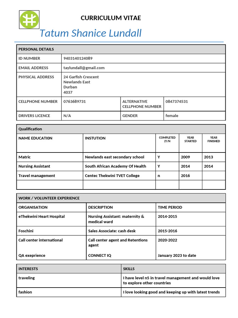CV of Tatum Lundall | PDF