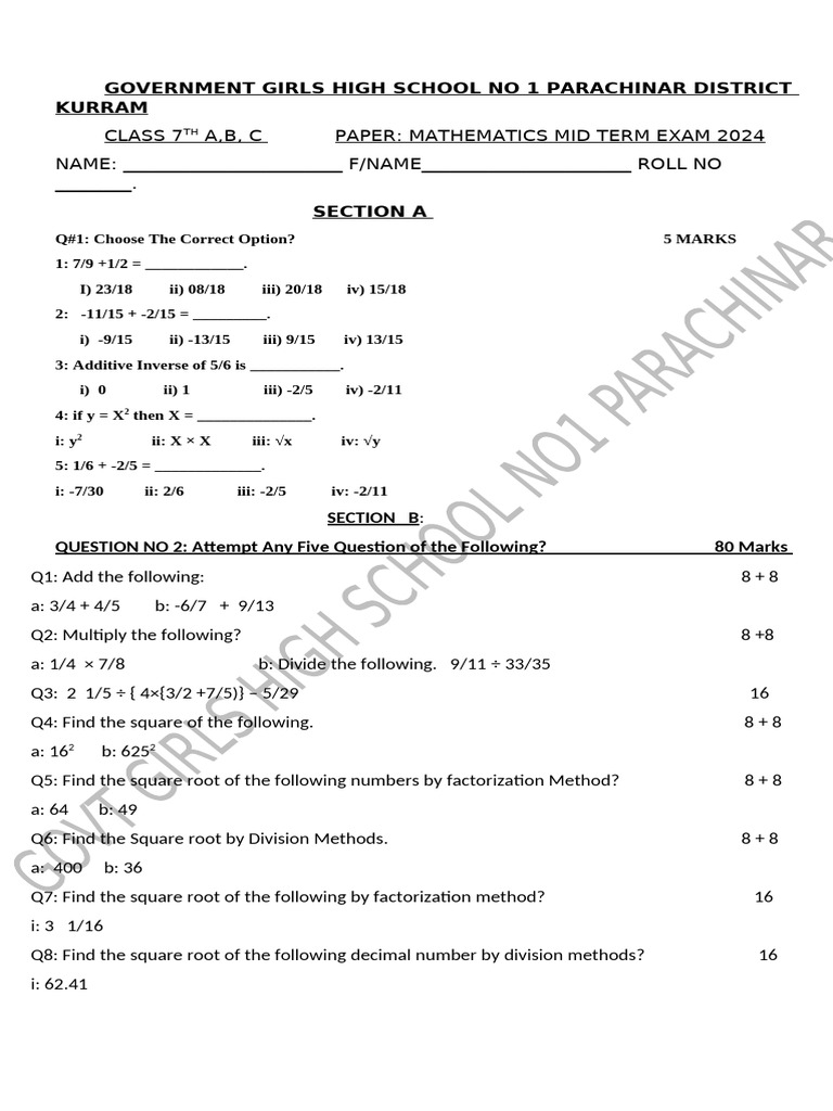 Class 7th Maths Paper Mid Term Gghs No 1 Parachinar | PDF