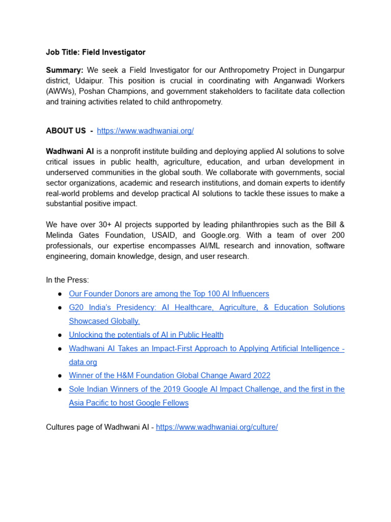 JD for Field Investigator | PDF