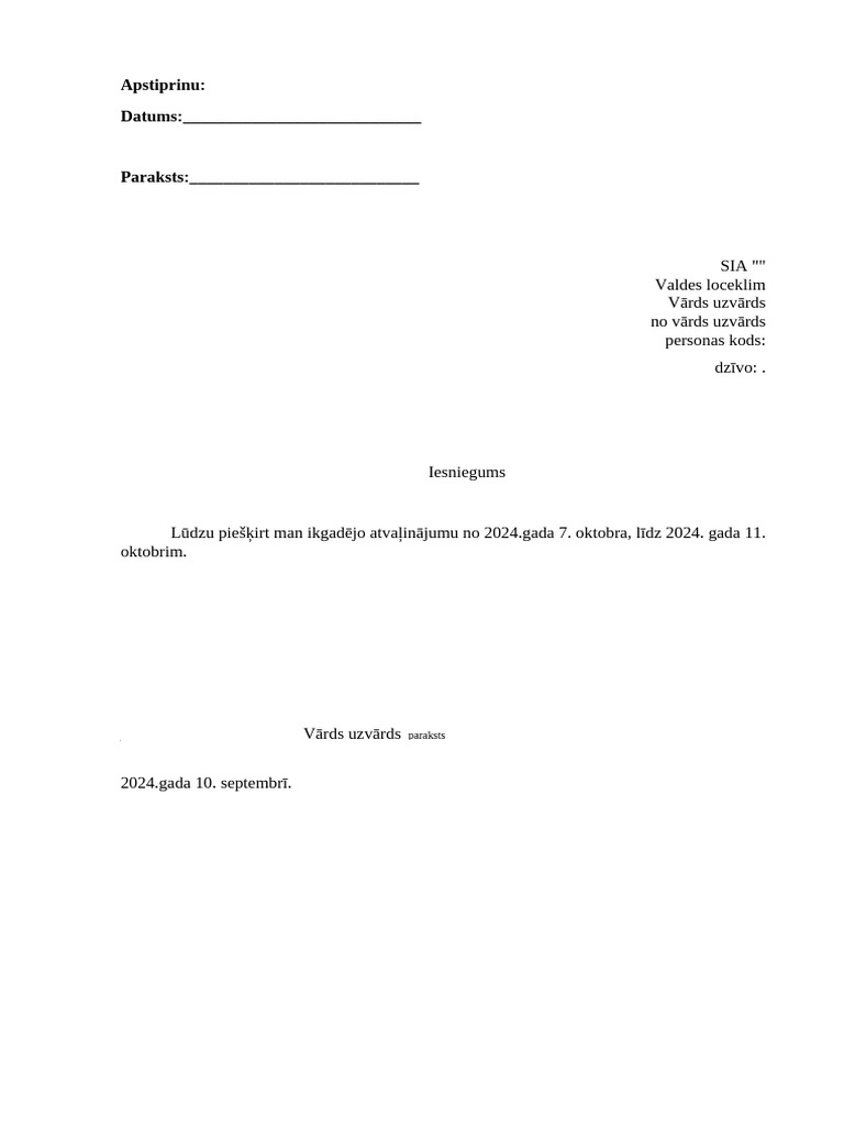 Atvaļinājuma iesnieguma paraugs | PDF