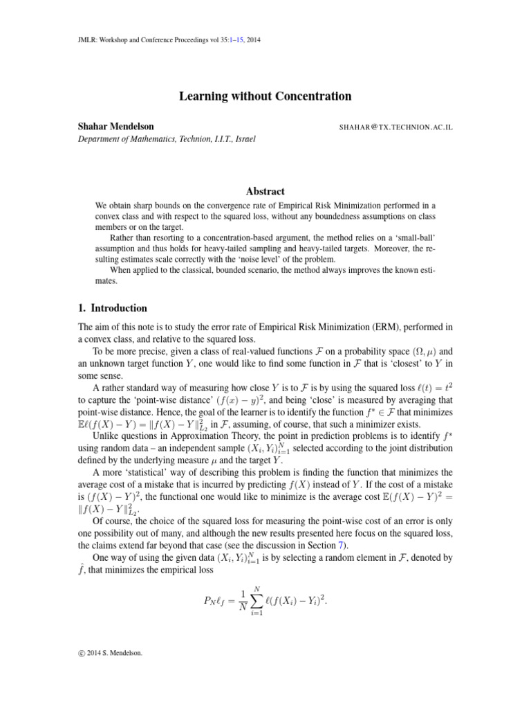 Learning Without Concentration: Shahar Mendelson | PDF