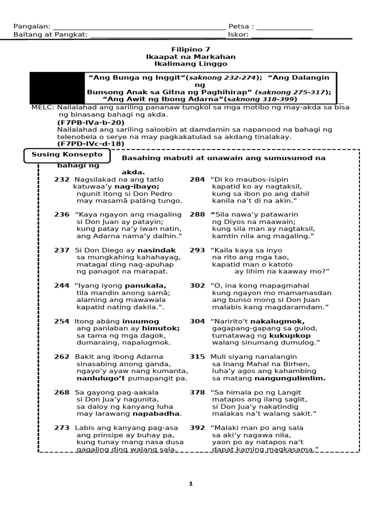 Filipino 7 Q4 Week 5 - Ang Bunga NG Inggitsaknong 232 274 - Ang Dalangin NG | PDF