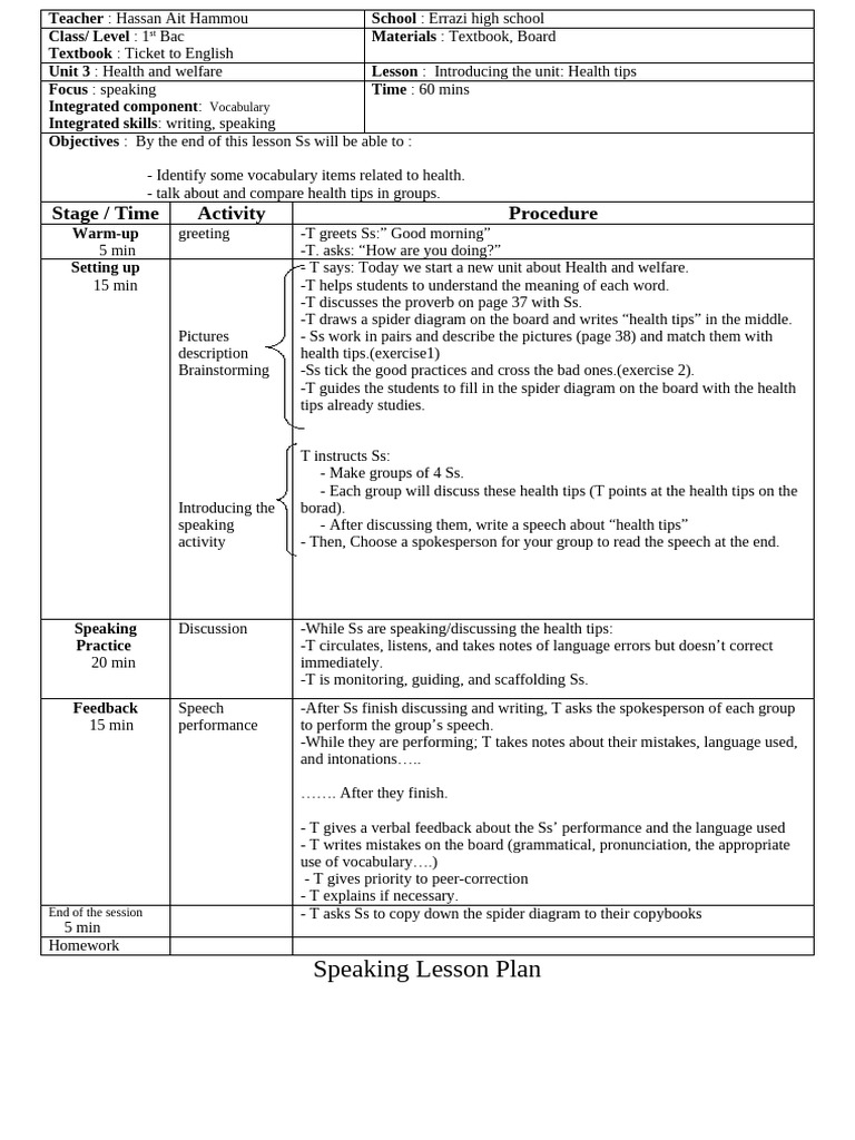 Lesson Plan-Speaking Health Tips | PDF