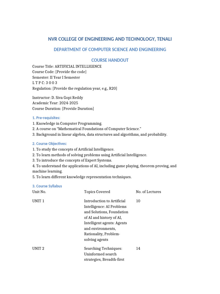 Artificial Intelligence Course Handout | PDF | Artificial Intelligence | Intelligence (AI ...