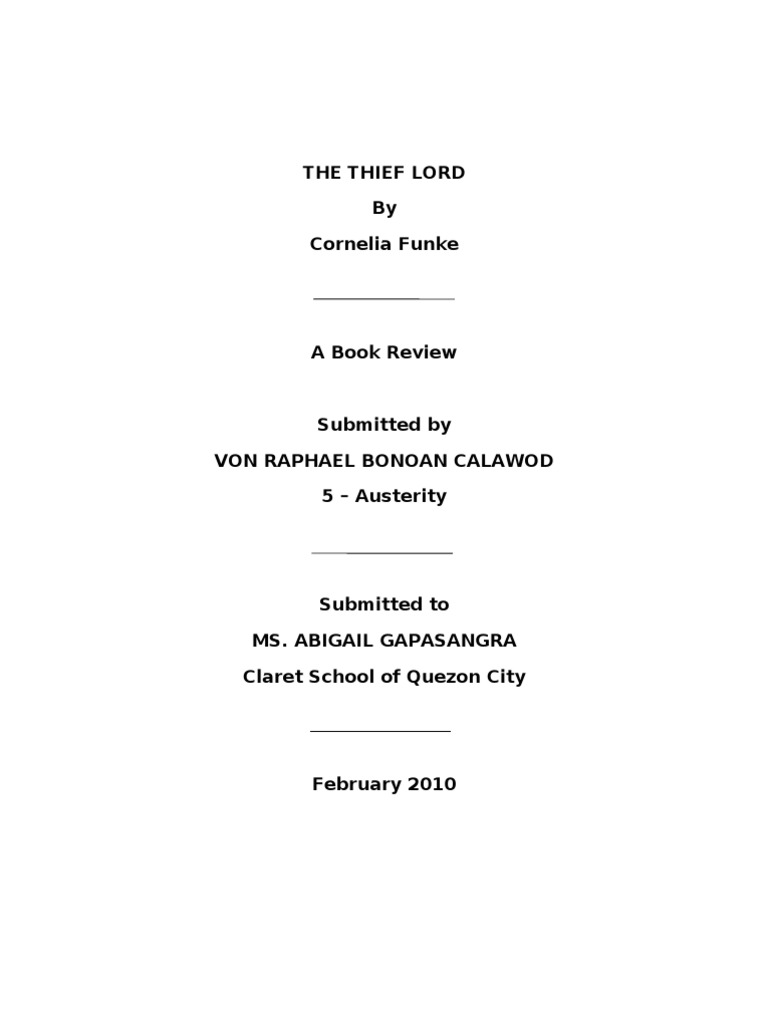Book Review - The Thief Lord | PDF | Children's Novels | Children's ...