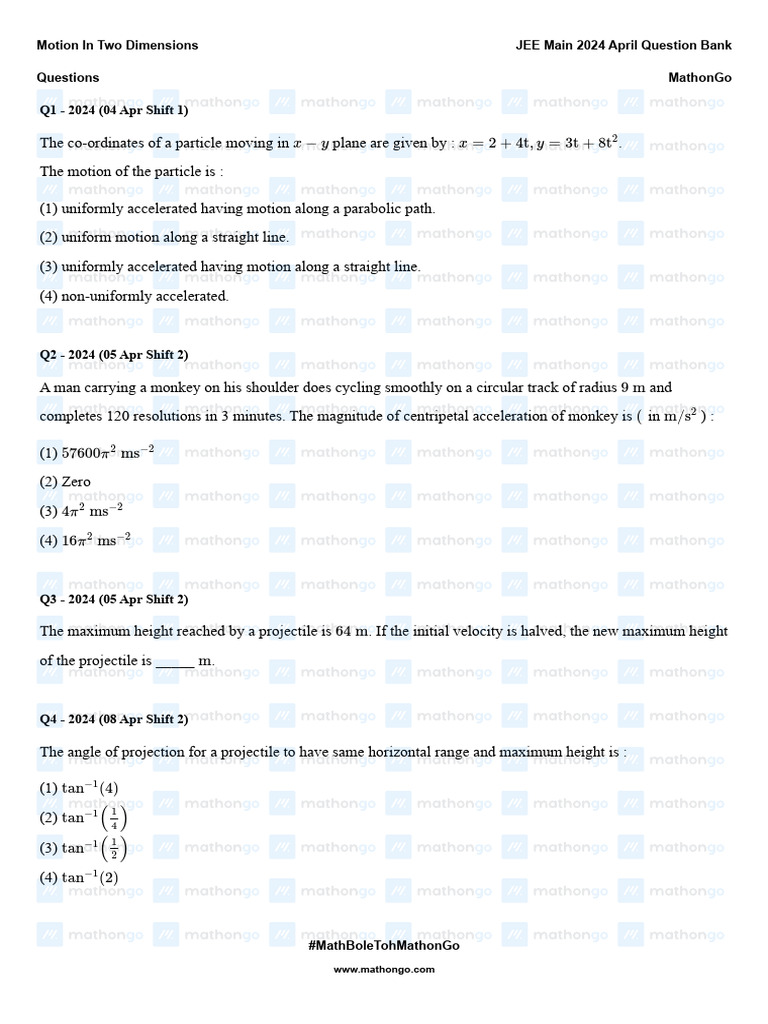 Motion in Two Dimensions - JEE Main 2024 April Question Bank - MathonGo ...