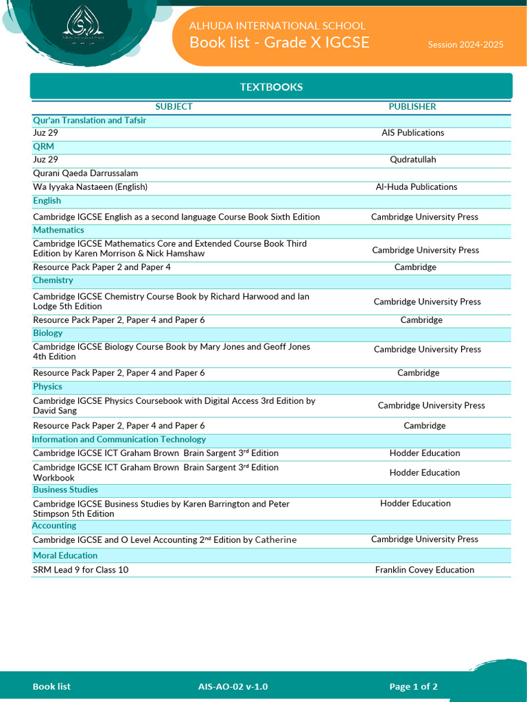 Book List Grade Grade X IGCSE 2024 25 | PDF